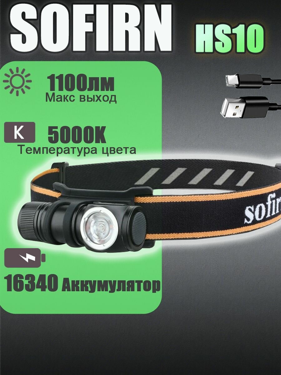 Sofirn налобный фонарь аккумуляторный LED, мощный USB фонарик для рыбалки, туризма и охоты