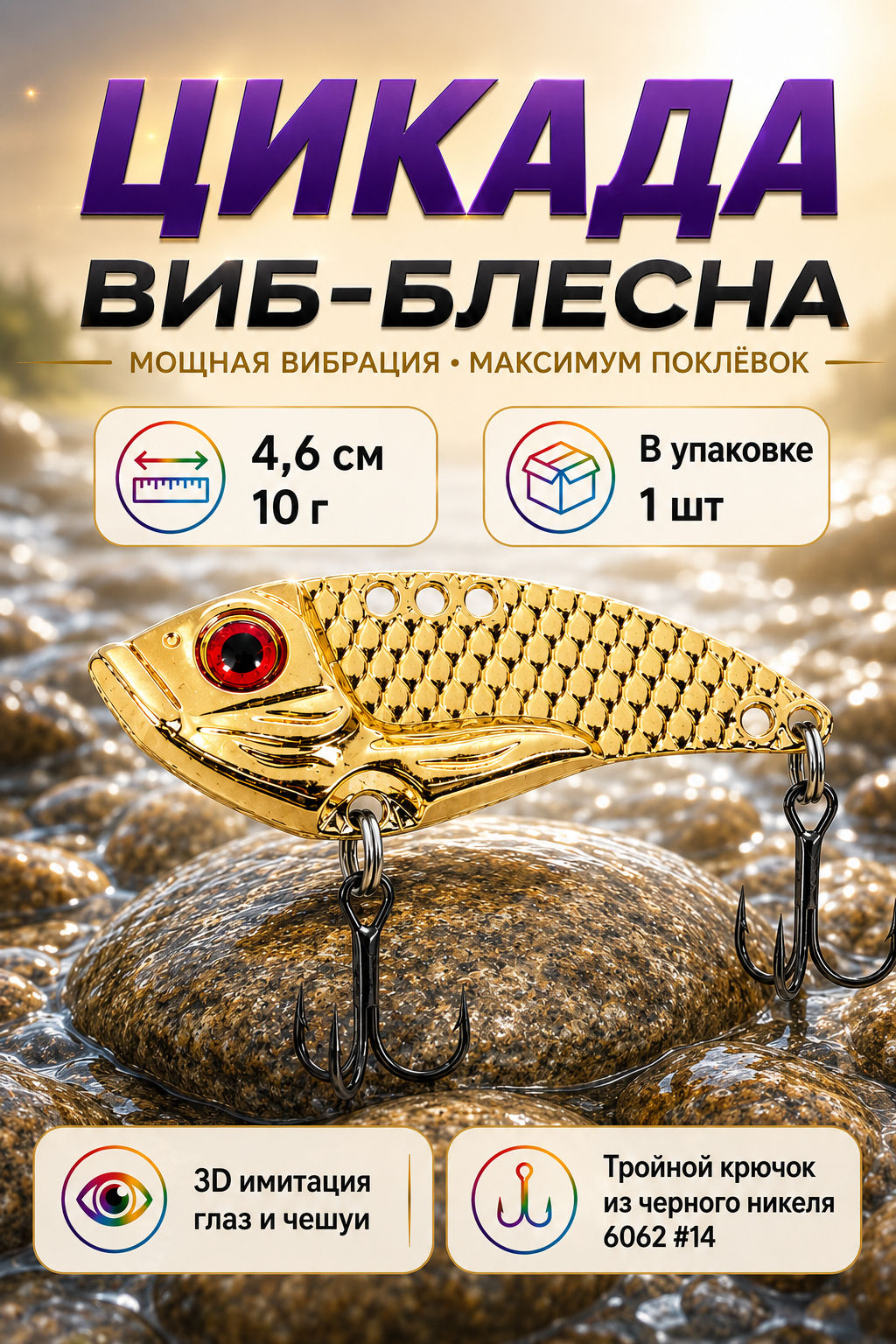 Рыболовная металлическая виб-приманка, блесна цикада, с имитацией чешуи 4,6 см/10 г, золотистая