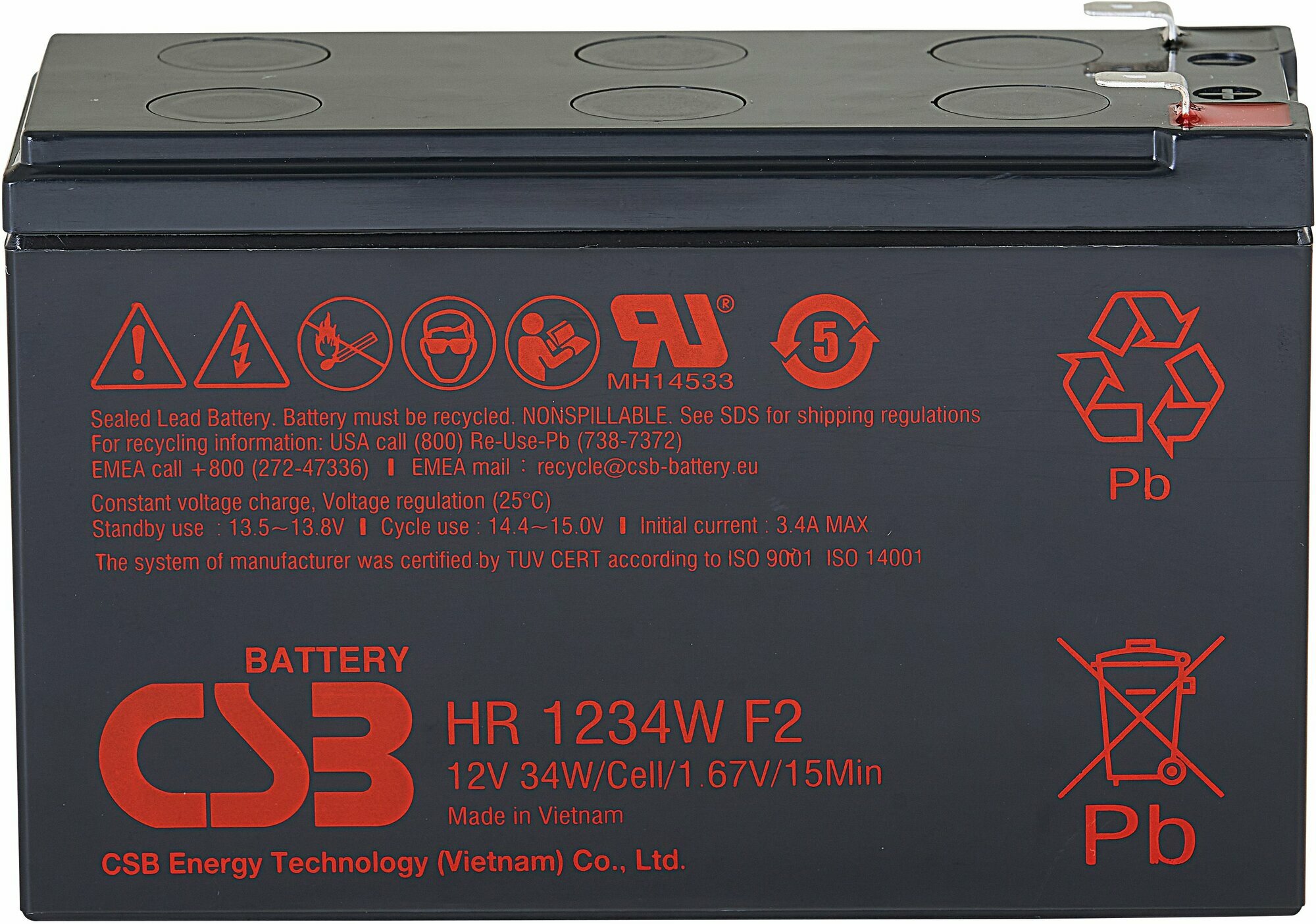 Аккумулятор для ИБП CSB серия HR, HR1234W F2, напряжение 12В, емкость 8.5Ач