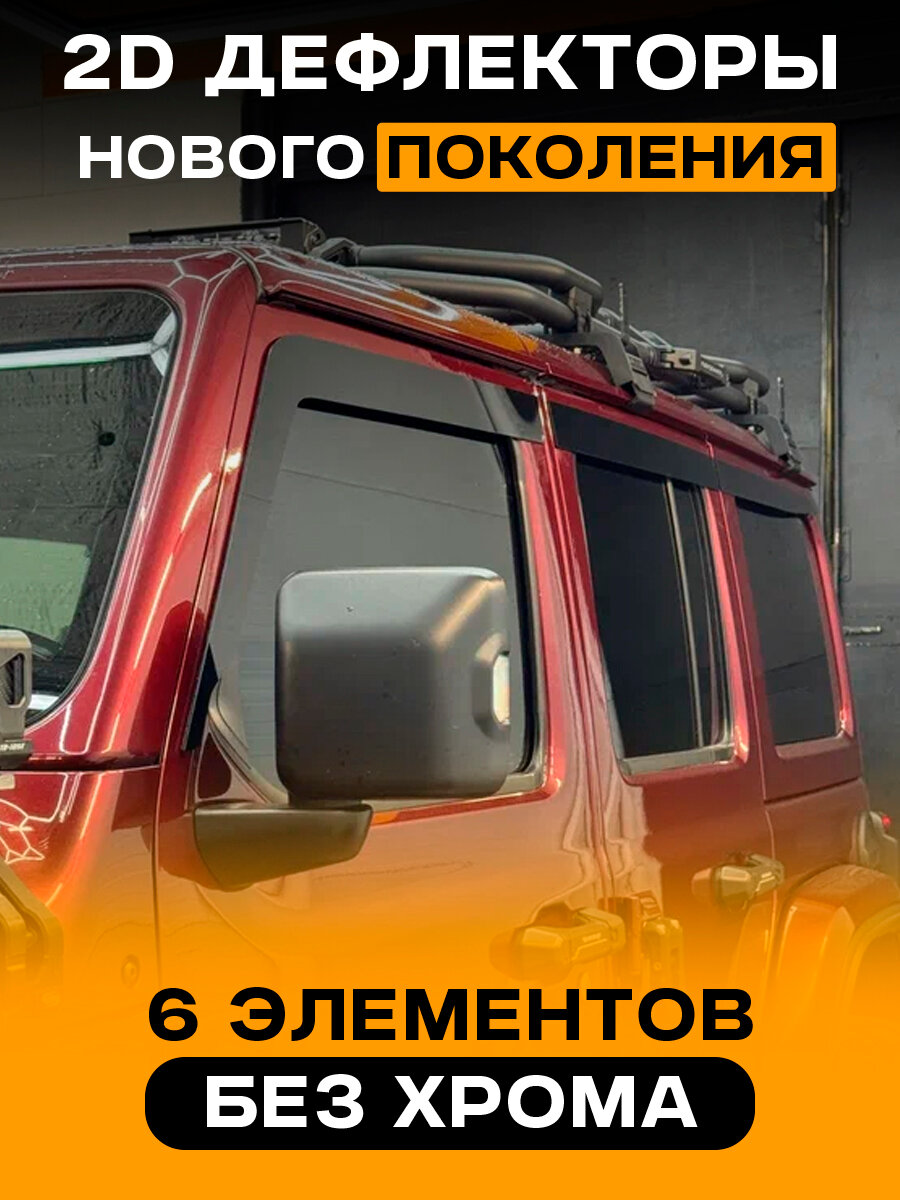 Дефлекторы на Jeep Wrangler (JL) (Джип Вранглер) 2017-2026, 4 покол-е, 2D ветровики на окна автомобиля, черные