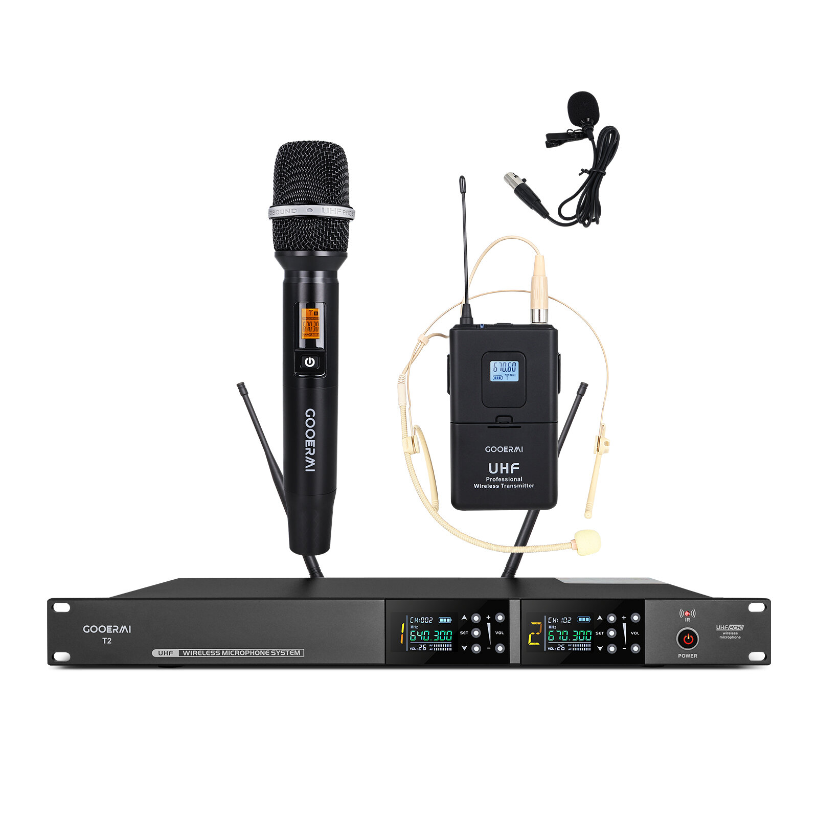 Беспроводная микрофонная система T2 (1 ручной + 1 поясной микрофон) с UHF, анти-помехами, для конференций и караоке