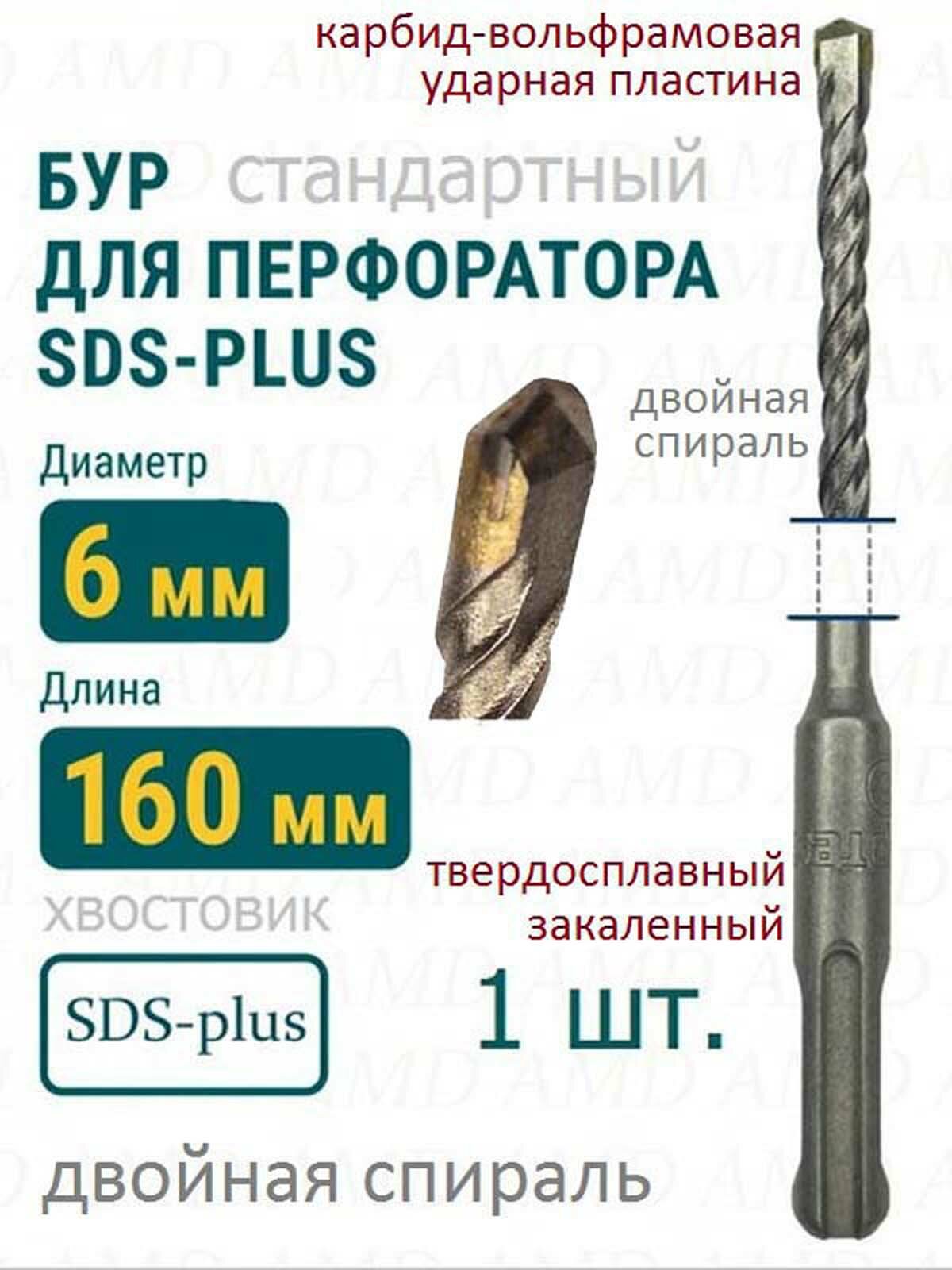 Бур 6 х 160 мм, для перфоратора SDS plus по бетону, кирпичу и камню
