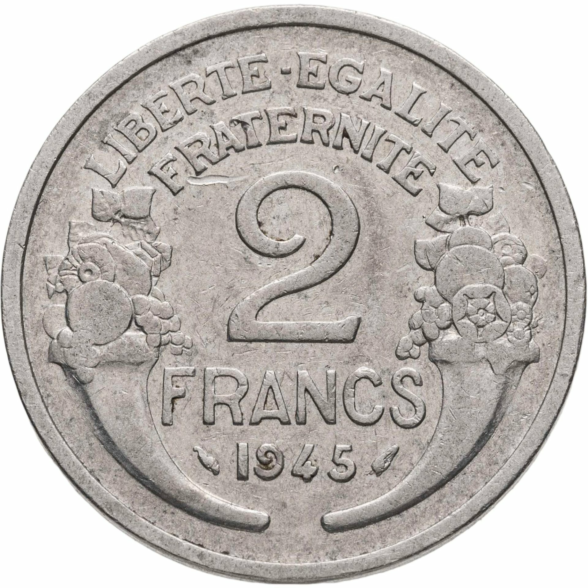 Франция 2 франка francs 1945, Алюминий, в сохранности VF