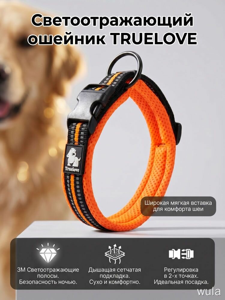 Ошейник для собак TRUELOVE, светоотражающий, дышащий, регулируемый, с мягкой вставкой, 3М