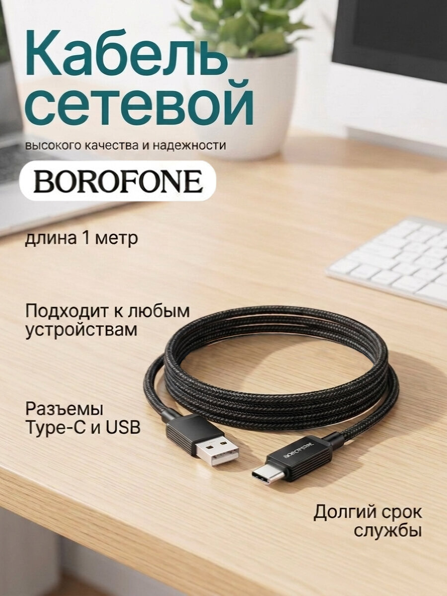 Кабель сетевой USB - Type-C " Borofone " BX120 Placer черный, круглый, 1м, 3,0А, нейлон