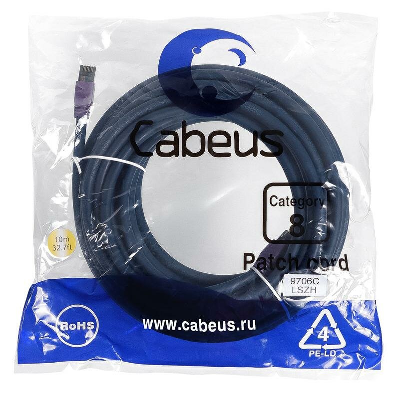 Патч-корд S/FTP кат.8 PC-SSTP-RJ45-Cat.8-10m-LSZH 2xRJ45/8p8c экранир. LSZH (40G 2000 MHz) 10м син. Cabeus 9706c