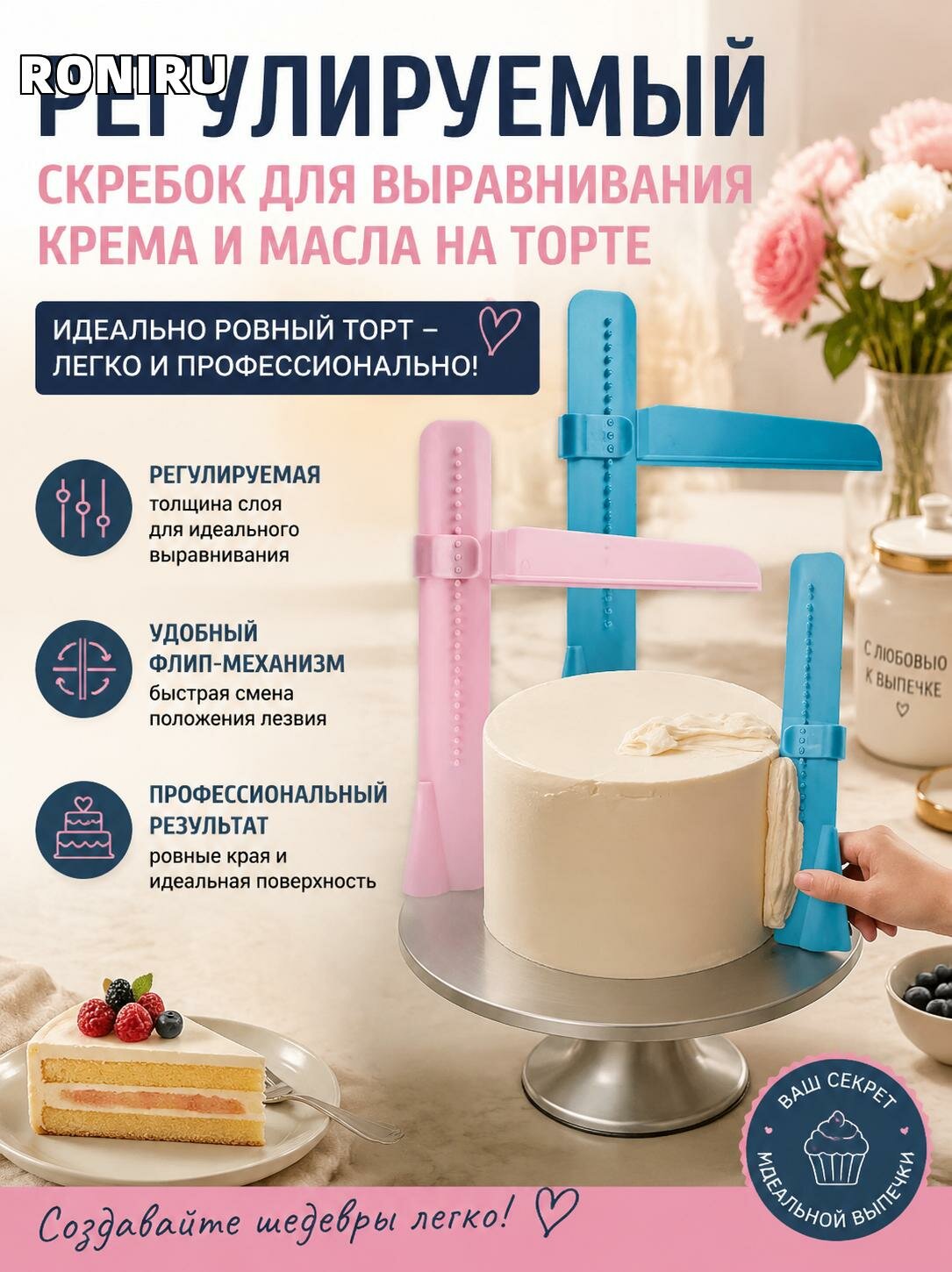 Регулируемый скребок выравнивания крема и масла на торте - инструмент украшения выпечки с удобным флип-механизмом