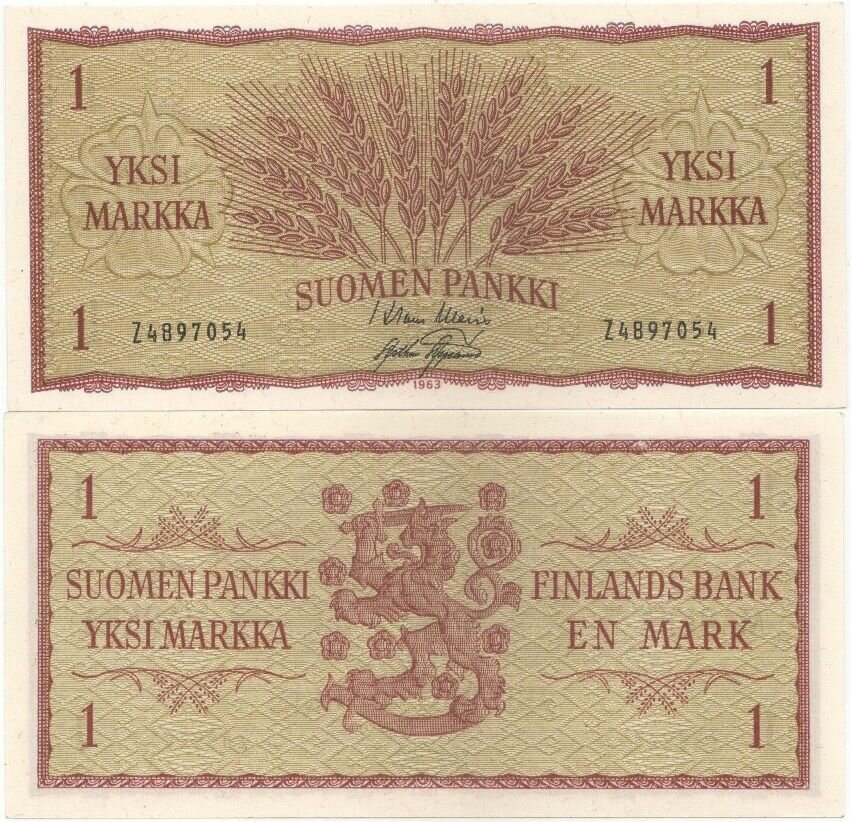 Банкнота Финляндия 1963 год 1 марка Колосья Waris - Aspelund UNC