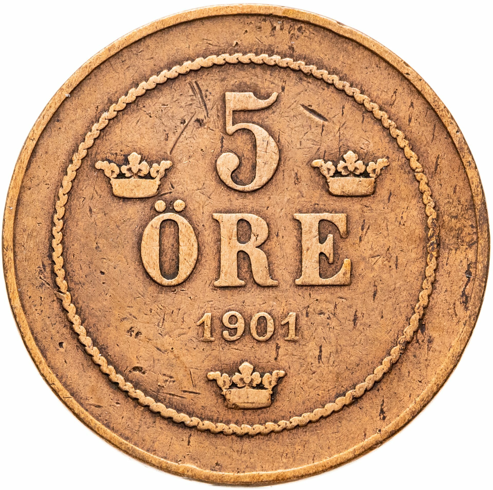 Швеция 5 эре ore 1901, Бронза, в сохранности VF