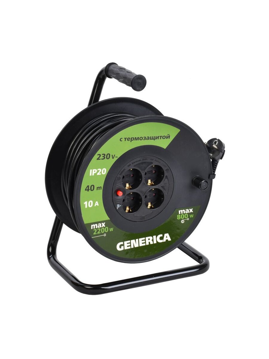 Удлинитель на катушке 4х40м 10А IP20 УК40 2P+PE 3х1 термозащита GENERICA WKP10-10-04-40-G