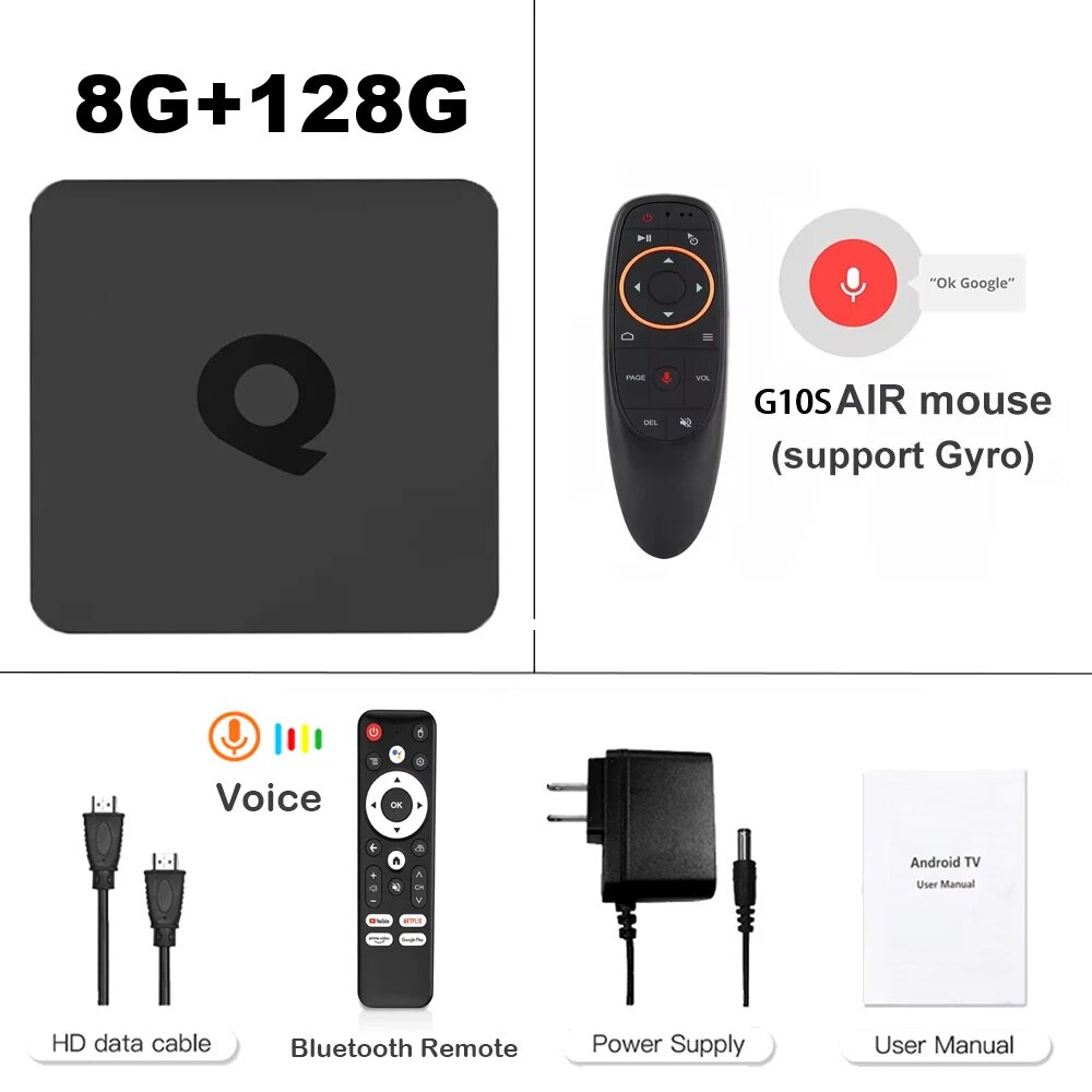 Android TV Box Q1 8G 128G EU, Bluetooth, Voice Remot