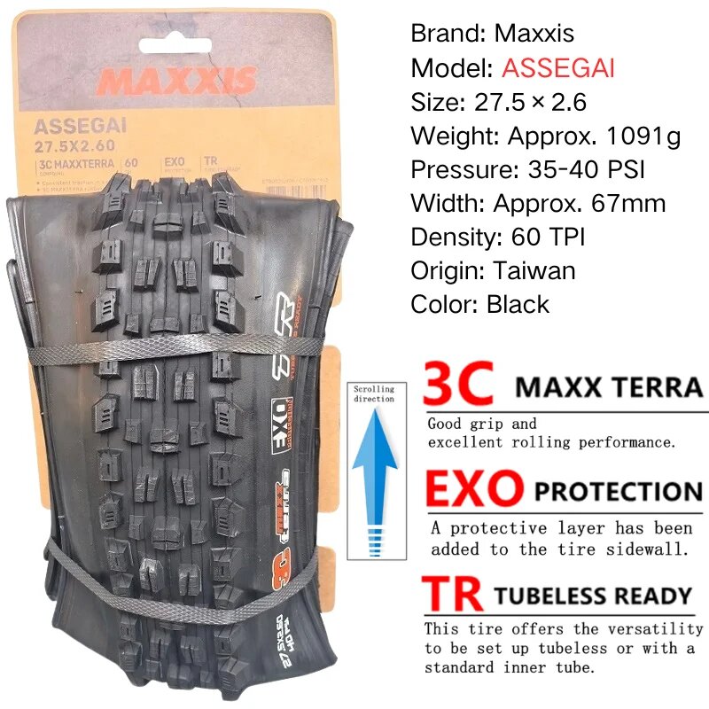Maxxis Assegai 27.5x2.6, 3CT EXO TR, черная горная шина