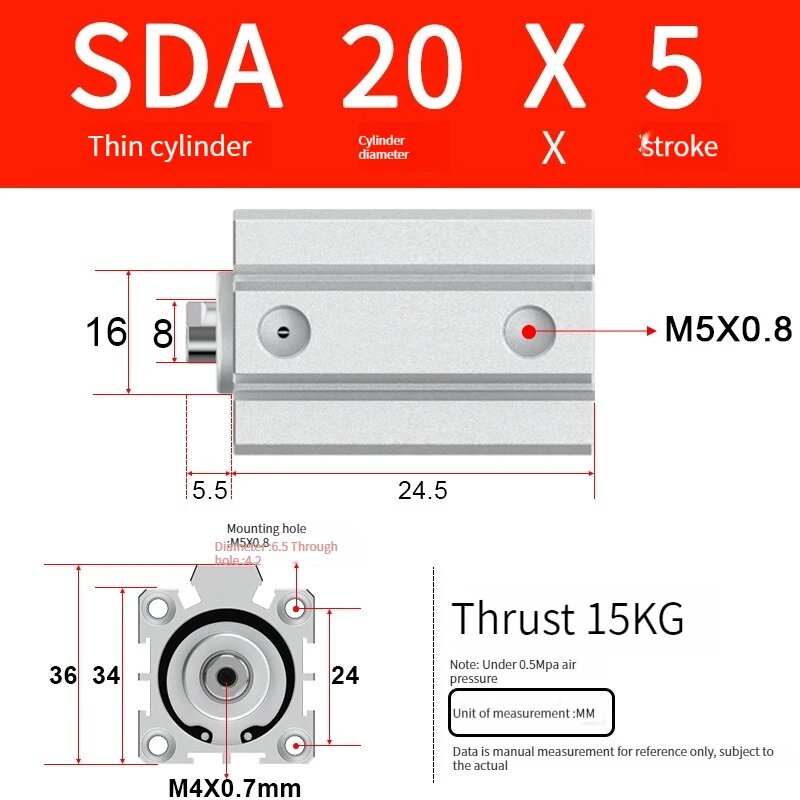 Пневматический цилиндр Airtac SDA 20x5, ход 5 мм