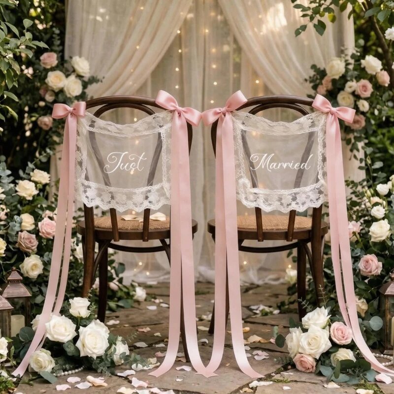 Кружевные таблички "Just Married" розовые для стульев