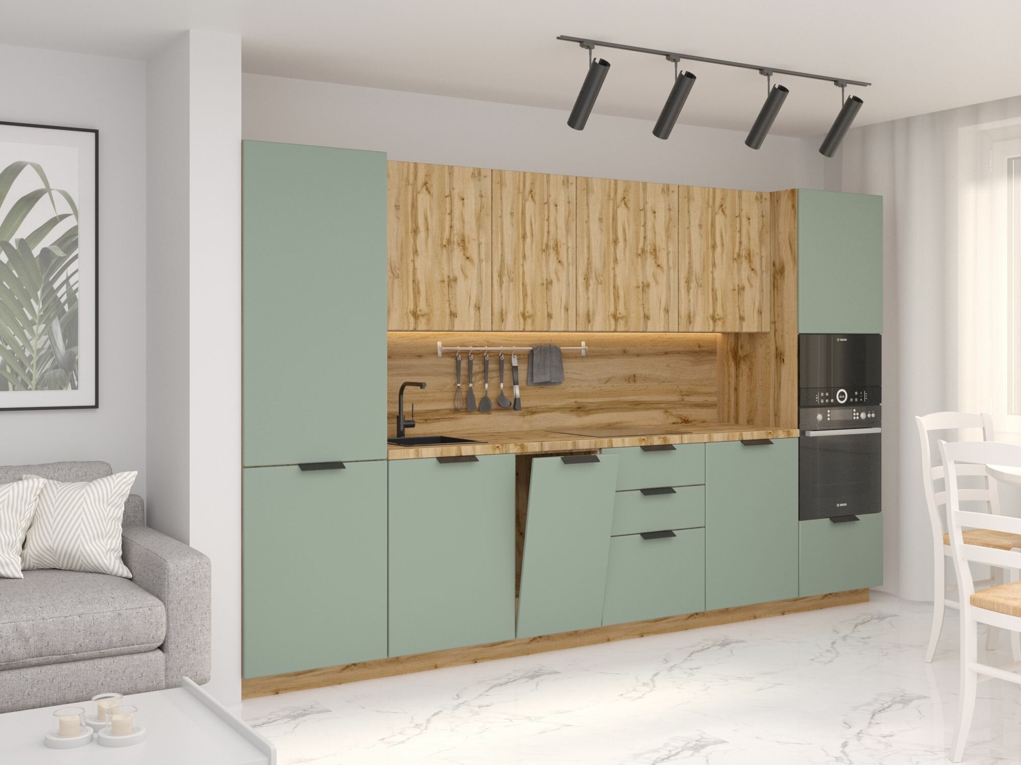 Кухонный гарнитур Фьюжн Silky Mint/Флэт Wotan Oak 2S, 3450 мм