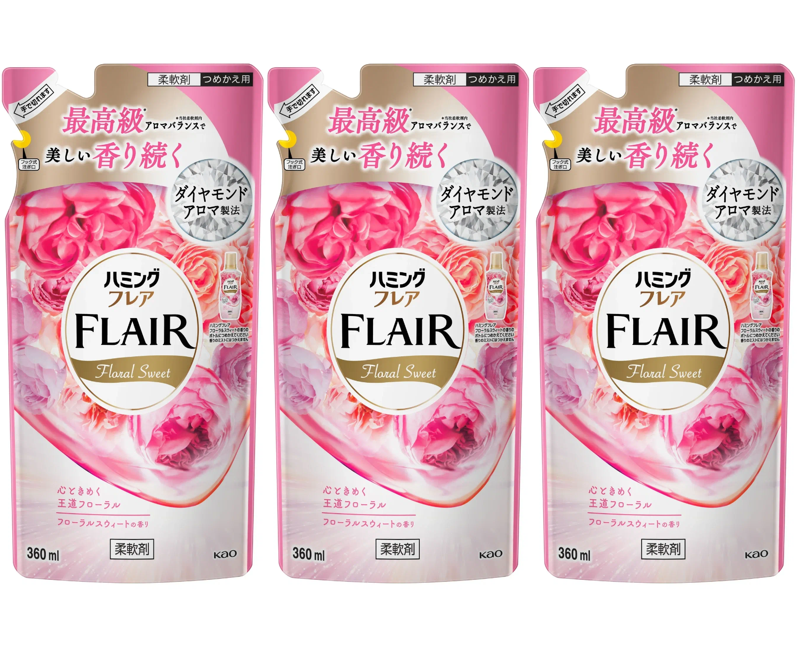 Кондиционер Kao для белья Humming Flair, концентрат, аромат Сладкий букет, мягкая упаковка, 360мл, 3шт