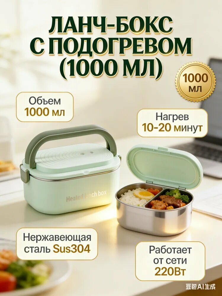 Электрический ланч-бокс с подогревом от сети 220В, 1200 мл, герметичный контейнер для еды с 2 отделениями из стали SUS304, светло-зеленый