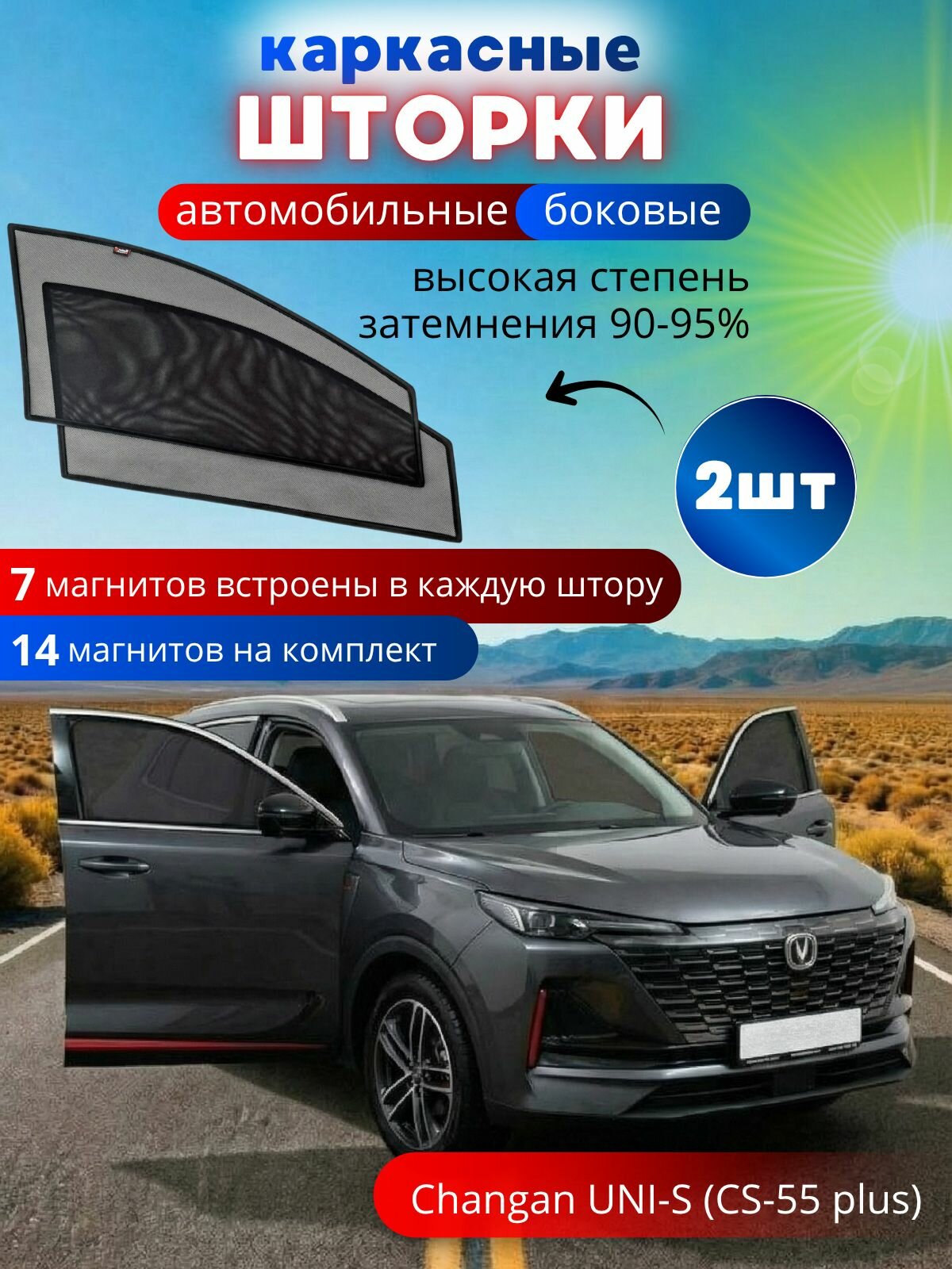 Шторки в машину от солнца на боковые стекла CHANGAN UNI-S (CS-55 plus), 2 шт, каркасные солнцезащитные шторки передних дверей, на встроенных магнитах, высокая степень затемнения 90-95%.