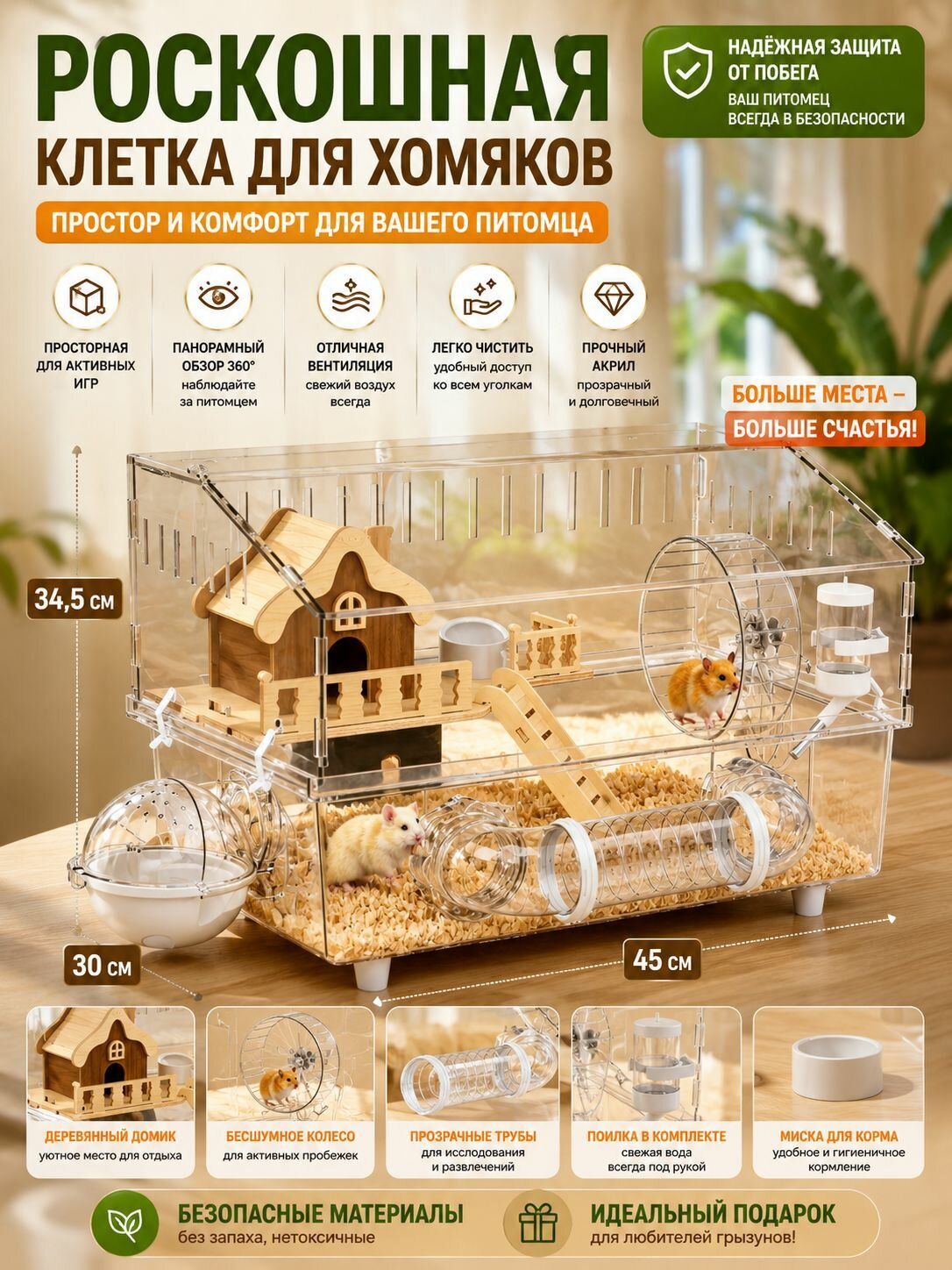 Большой прозрачный акриловый домик-клетка для сирийского хомяка