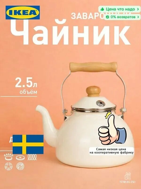 IKEA Чайник "Эмалированный чайник с округлым силуэтом, для всех плит", 2.5 л