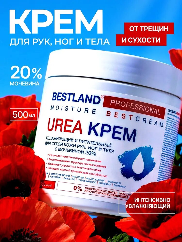 BESTLAND Крем для ног, рук и тела с мочевиной от трещин и натоптышей, 500 мл
