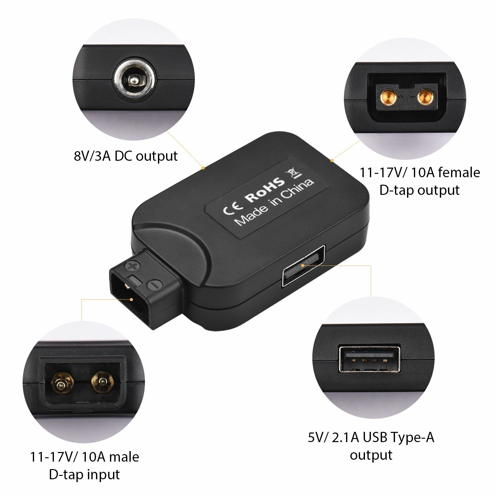 Переходник D-Tap папа-мама с выходами USB 5 В 2,1 А и постоянного тока 8 В 3 А для аккумулятора V-Mount Gold Mount