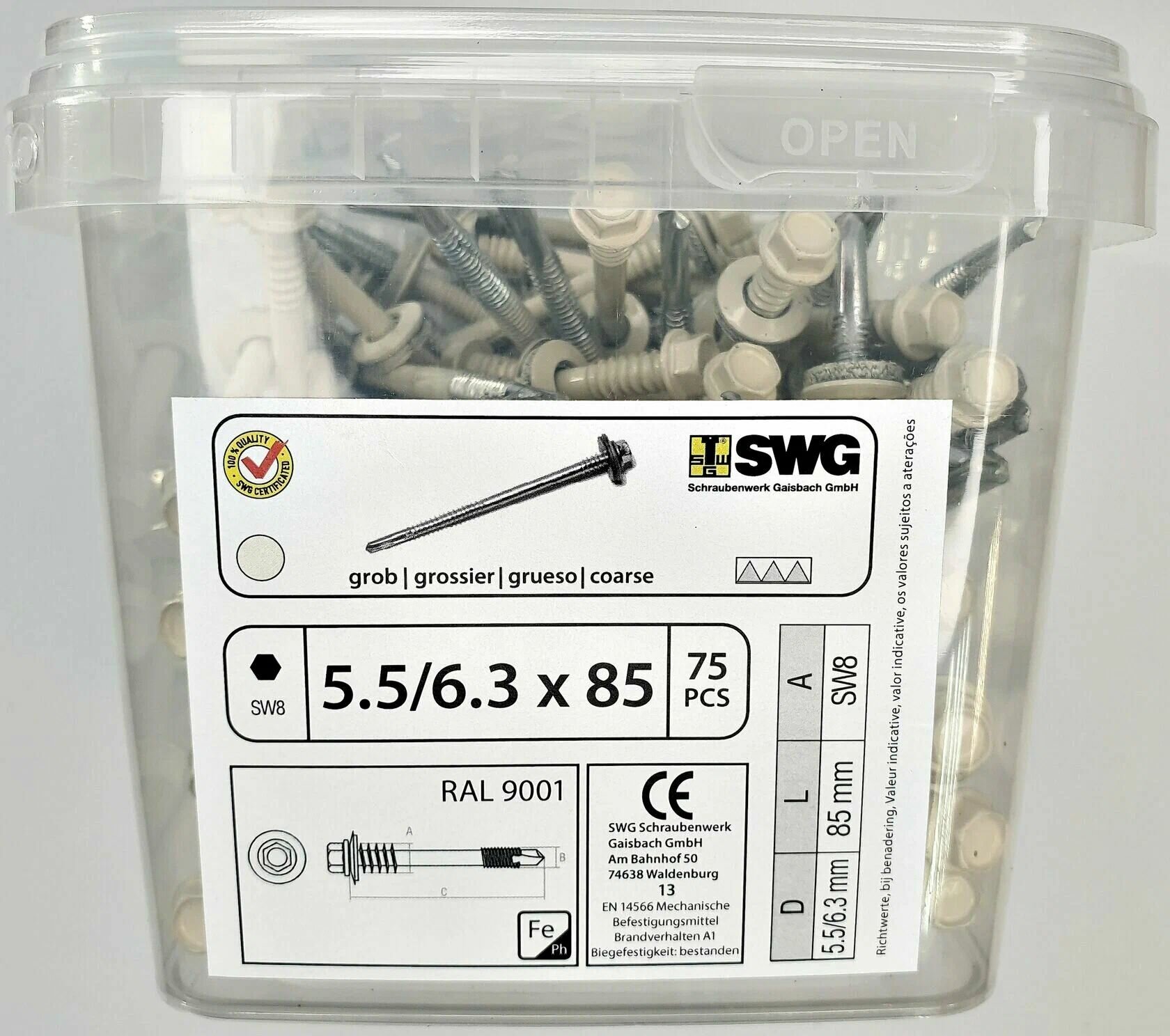 Саморез для сэндвич панелей RAL 9001 6.3/5.5x85 (75 pcs) SWG, Германия
