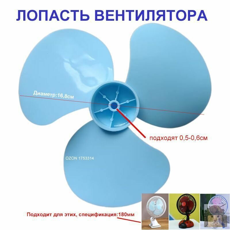Лопасть вентилятора (крыльчатка) 16.8 см, универсальная для маленьких настольных вентиляторов 180 мм, синяя
