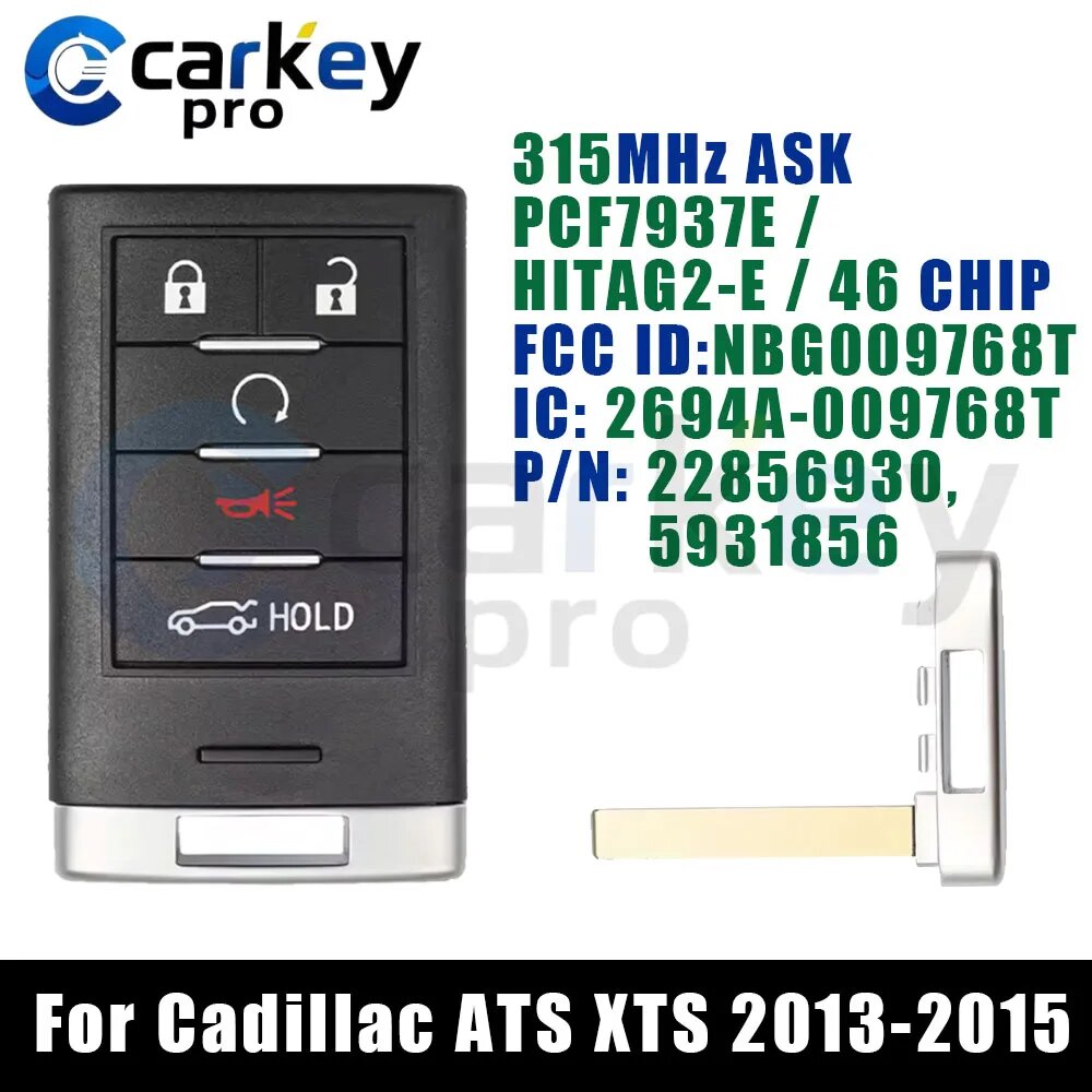 Смарт-ключ Carkeypro 4+1 кнопки, 315 МГц, чип PCF7937E HITAG2 46, NBG009768T 22856930 5931856 для Cadillac ATS XTS 2013-2015