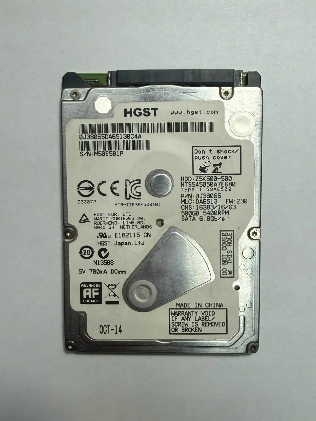 HGST 500 ГБ Внутренний жесткий диск 2.5 HDD подходит для ноутбука, 2.5", 5400 об/мин, SATA III 6 Гбит/с (HTS545050A7E680)