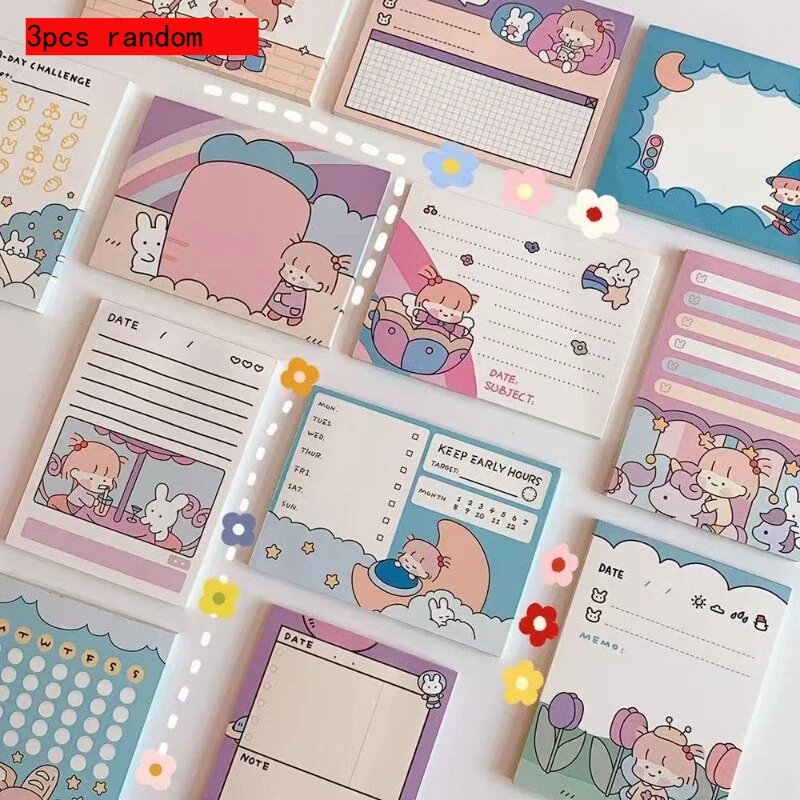 3шт блокнот Kawaii с мультяшной девочкой, цвет: random