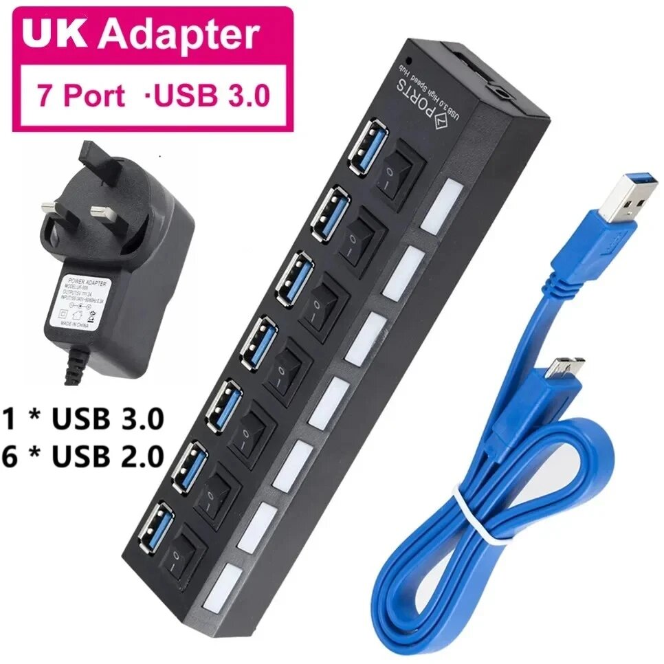 USB хаб 7 портов USB 3.0/2.0, UK адаптер, черный