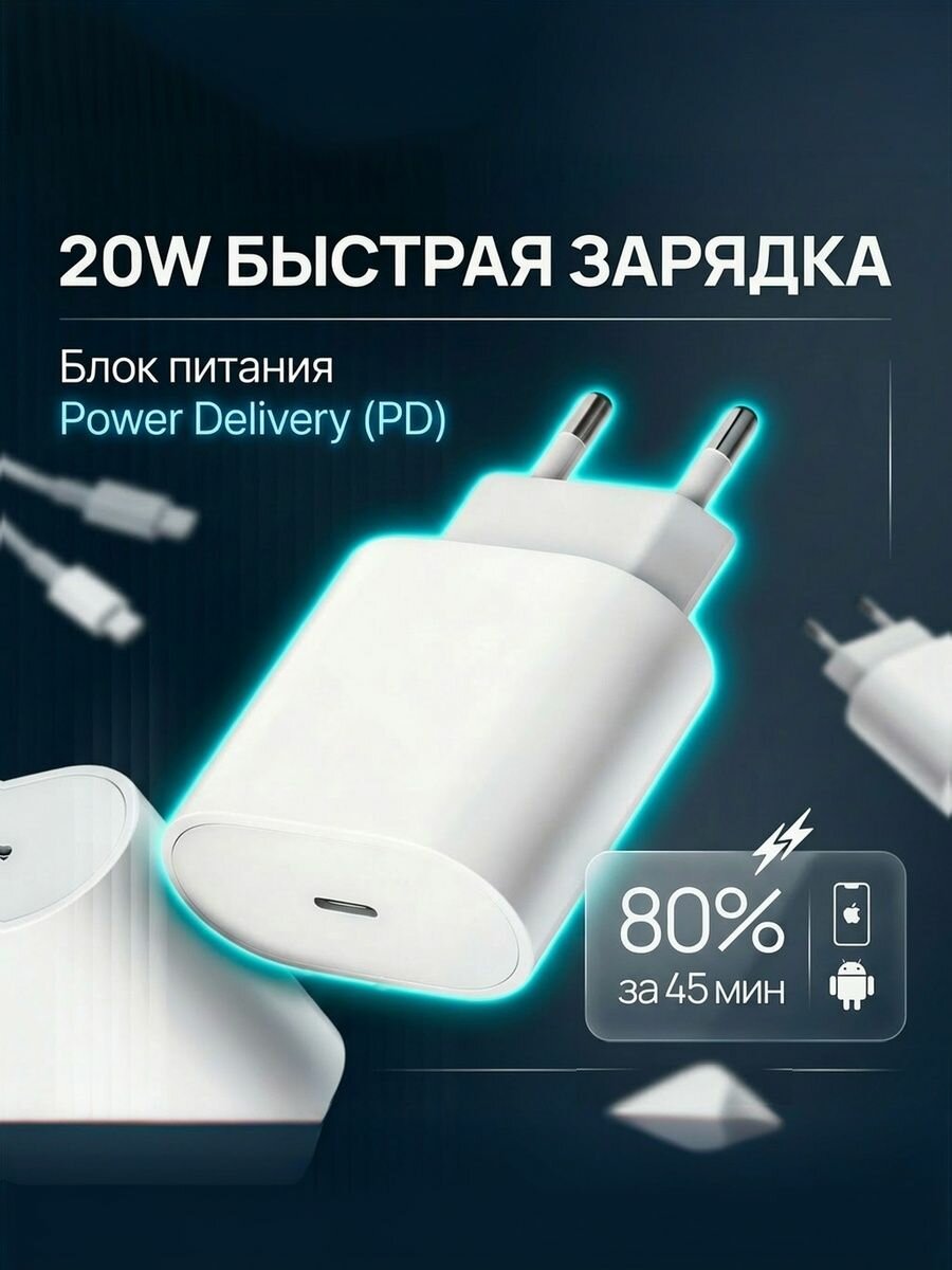 Быстрая зарядка для iPhone и Android Type-C, блок питания 20W, сетевое зарядное устройство USB-C для Айфон, Samsung, Xiaomi, адаптер питания