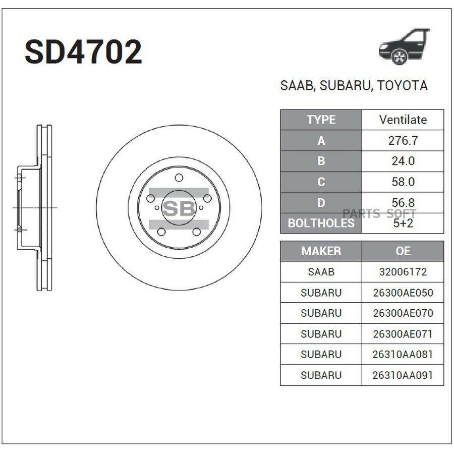 Диск тормозной SUBARU FORESTER 97-/IMPREZA 94-/LEGACY 03- передний вент. SD4702 SANGSIN BRAKE SD4702