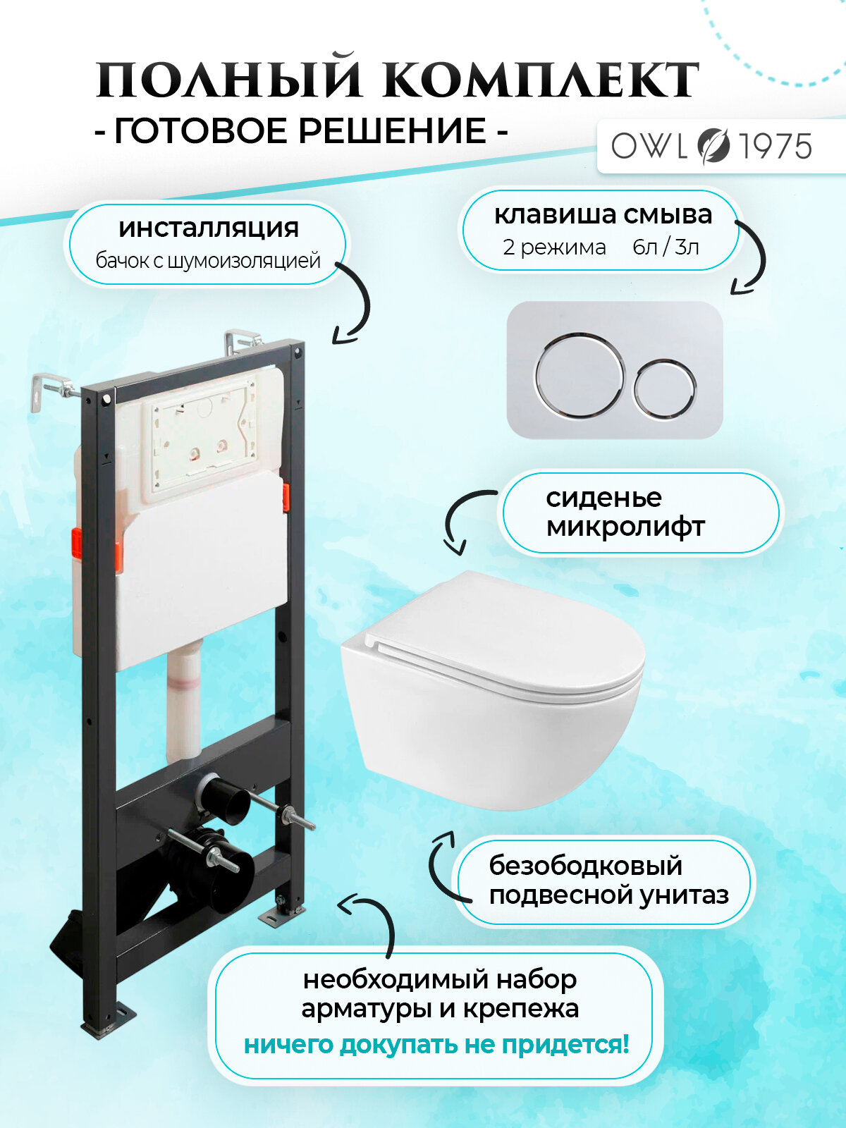 Инсталляция с унитазом комплект 4 в 1 OWL 1975 Ines White скрытое торнадо безободковый+кнопка хром матовая IN-500G+IN-005.05+AZ-W03-SW