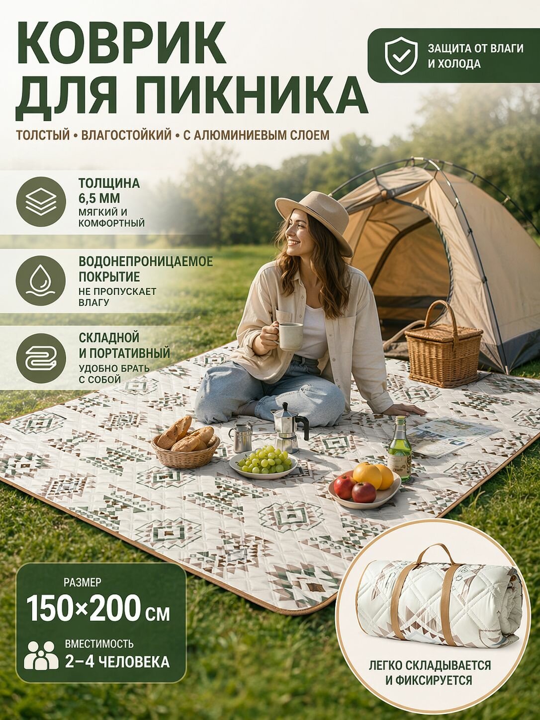 Складной коврик для палатки для пикника с алюминиевой фольгой 150*200 см, толщина 6,5 мм