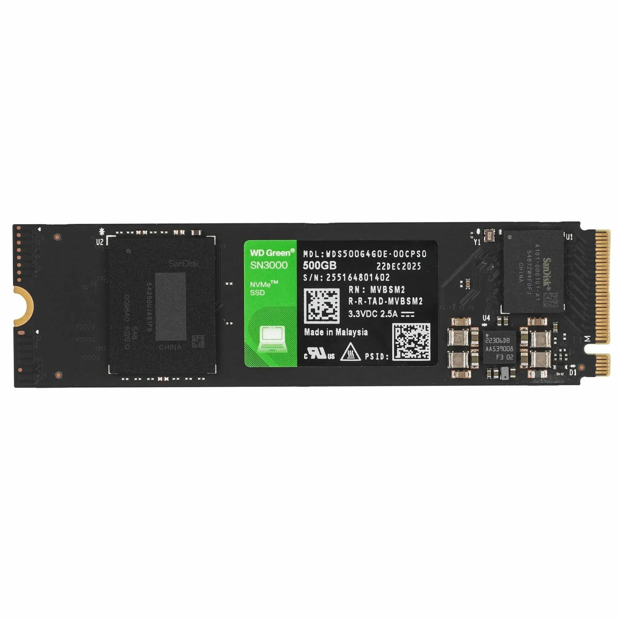 500 ГБ M.2 NVMe накопитель WD Green SN3000 (WDS500G4G0E) - PCI-E 4.0, чтение - 5000 МБ/с, запись - 4100 МБ/c, TBW - 100