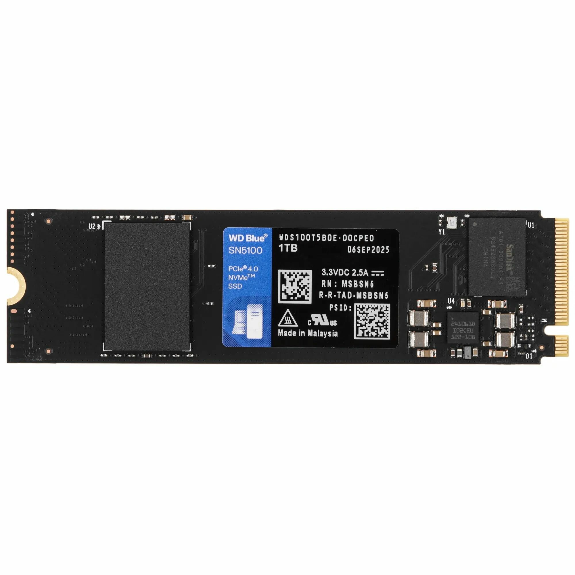 1 ТБ M.2 NVMe накопитель WD Blue SN5100 (WDS100T5B0E) - PCI-E 4.0, чтение - 7100 МБ/с, запись - 6700 МБ/c, TBW - 600