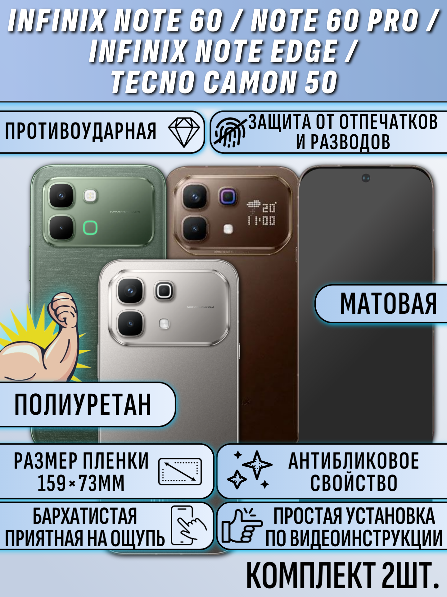 Гидрогелевая пленка Infinix Note 60 / 60 Pro / NOTE Edge / Tecno Сamon 50 / инфиникс нот 60 / 60 про / нот эдж / техно камон 50 2шт матовая защитная полиуретан