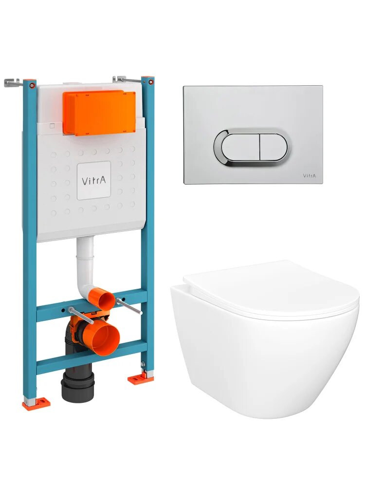Комплект 4 в 1: Инсталляция VitrA Ви-Фикс Кор (V-Fix Core) 732-5800-01 / Унитаз подвесной STWORKI Кронборг S28401WH безободковый, с микролифтом / Кнопка Луп О (Loop O) 740-0940, сталь, Комплект креплений