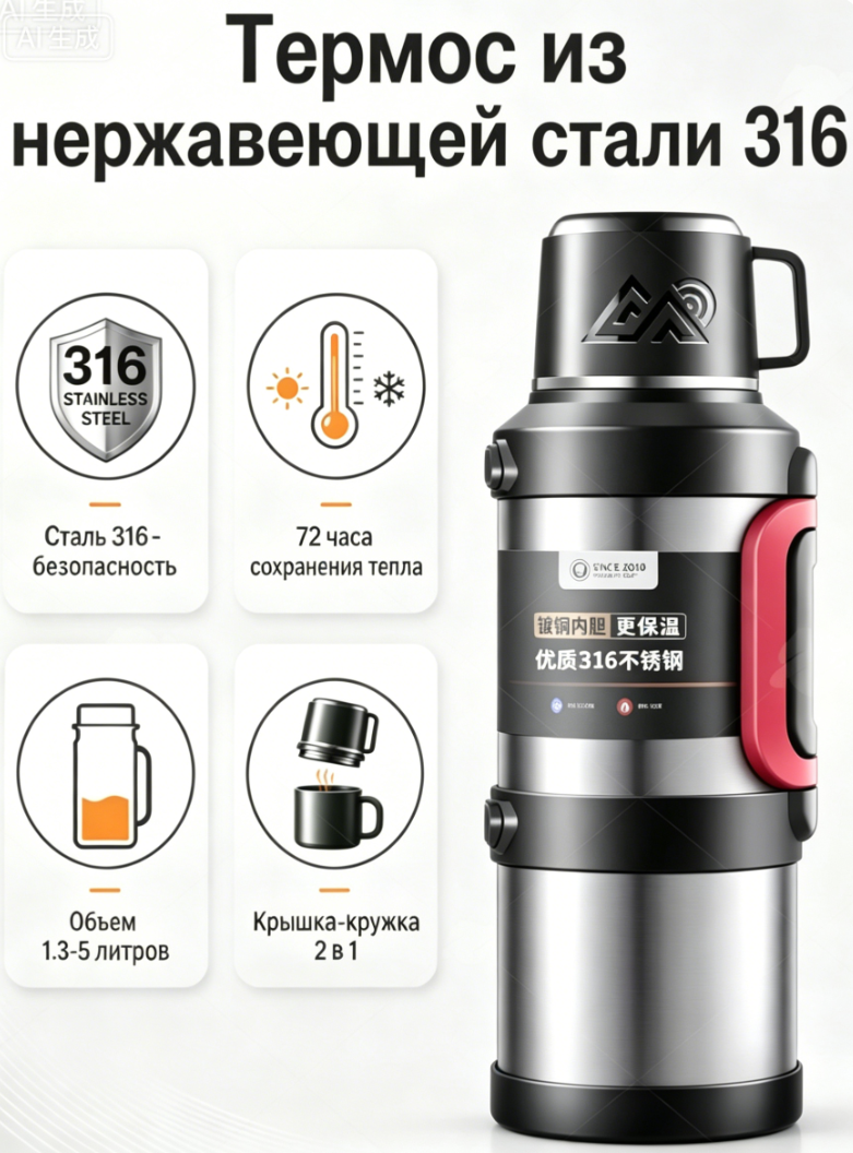 Вакуумная колба из нержавеющей стали 316, Серебро, 1300 мл, большая емкость для наружного применения, с ручкой