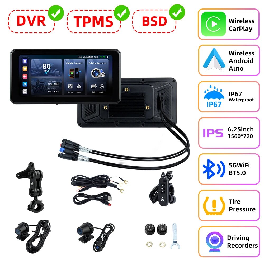 Мото навигатор 6.25" CarPlay/Android Auto, TPMS, DVR, BSD, M17B-DVR-TPMS