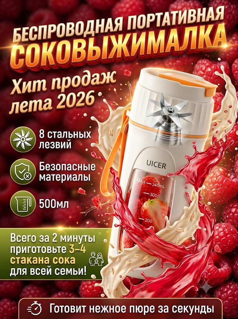 Портативный блендер беспроводной для смузи и коктейлей, 3 скорости с дисплеем, белый