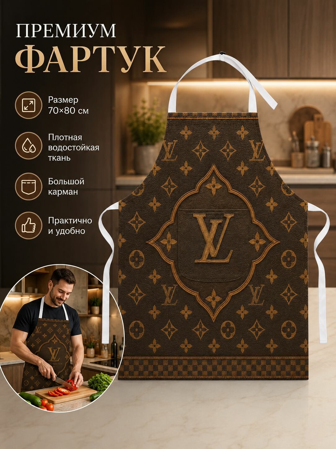 Фартук кухонный водоотталкивающий с большим карманом, универсальный 70*80 см, для готовки, выпечки, гриля и дома
