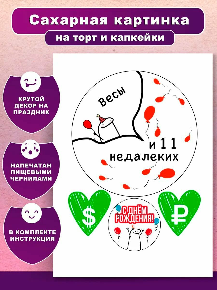 Сахарная картинка на торт "С днем рождения. Гороскоп Знаки Зодиака . Весы и 11 недалеких". Украшение, декор торта / Вкусняшки от Машки