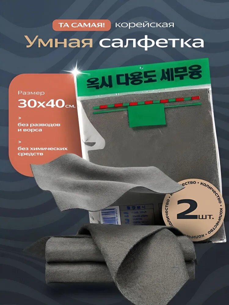 Умная тряпка для протирания стеклянных, зеркальных и гладких поверхностей, для уборки без разводов 2 шт