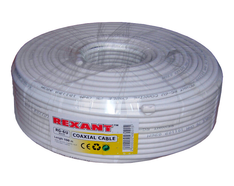 Кабель RG-6U, 64%, 75 Ом, 100м, белый REXANT 01-2201