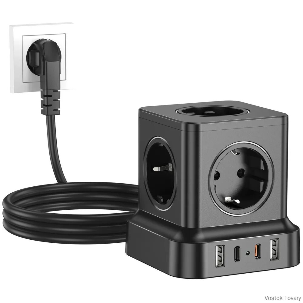 HITRENDS Сетевой фильтр Line Cube с 5 розетками и быстрой зарядкой USB PD 20W (2U+2C), телескопический кабель 1.8м 1.5мм , черный