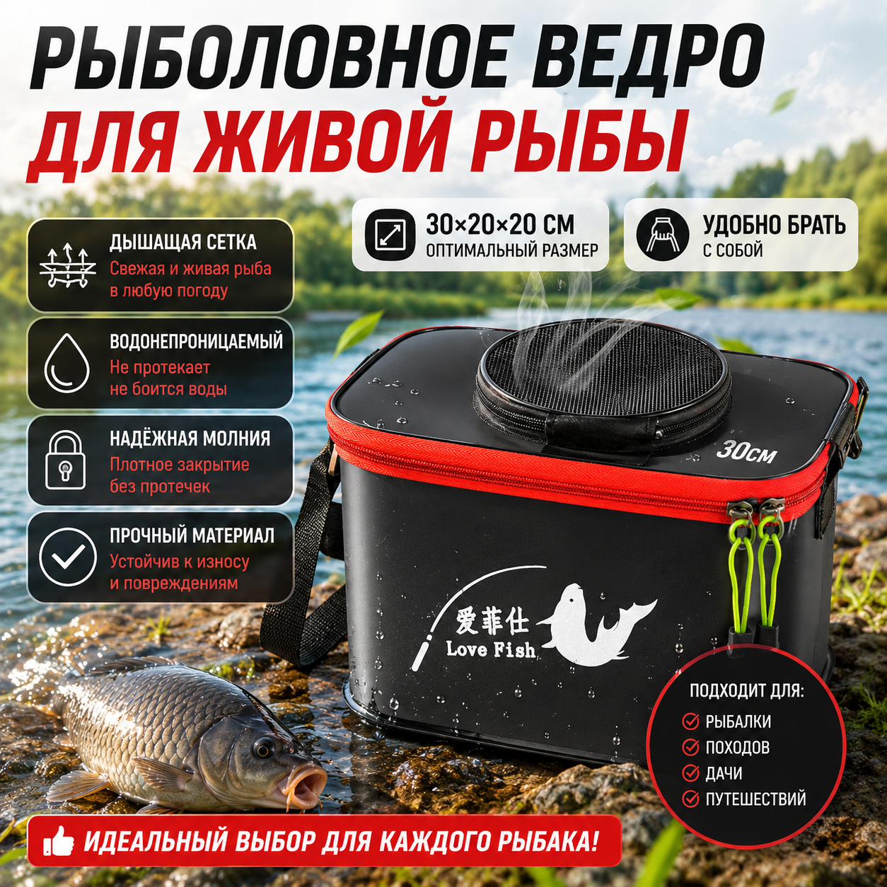 Рыболовное ведро, черное, 30*20*20 см, водонепроницаемое, с ремешком, 1 шт