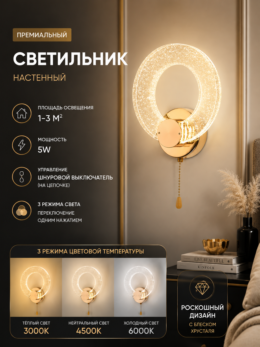 Хрустальный настенной бра, современный минимализм, лаконичный шик, для спальни, гостиной и коридора